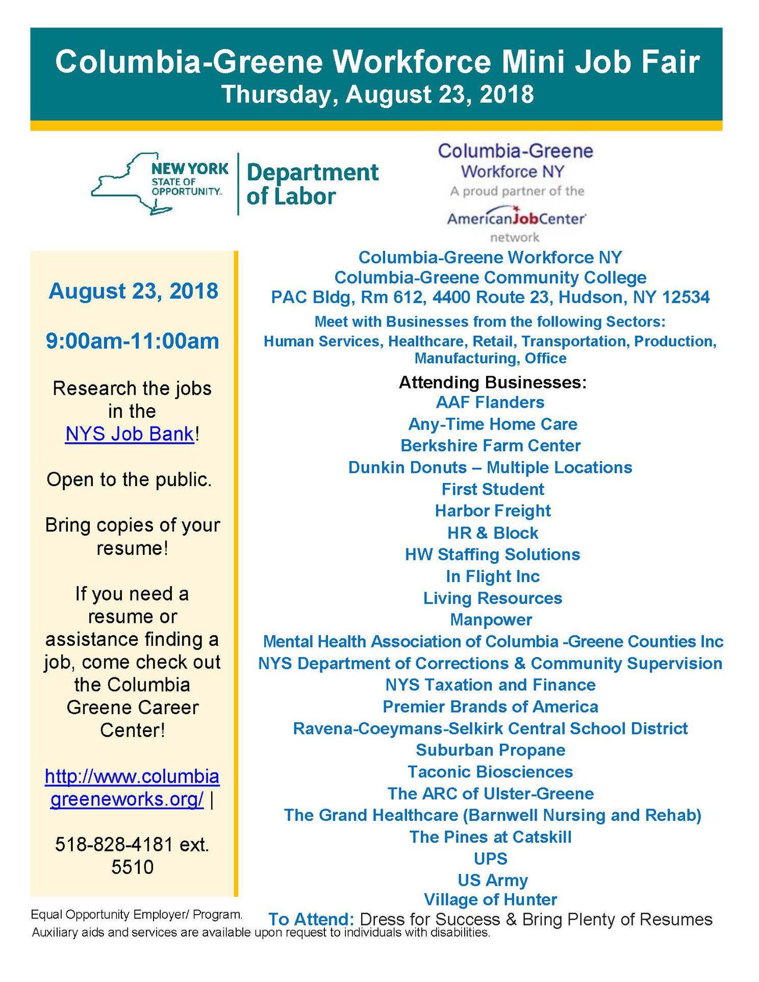 Columbia-Greene Workforce Mini Job Fair, Aug 23 – Columbia County Current